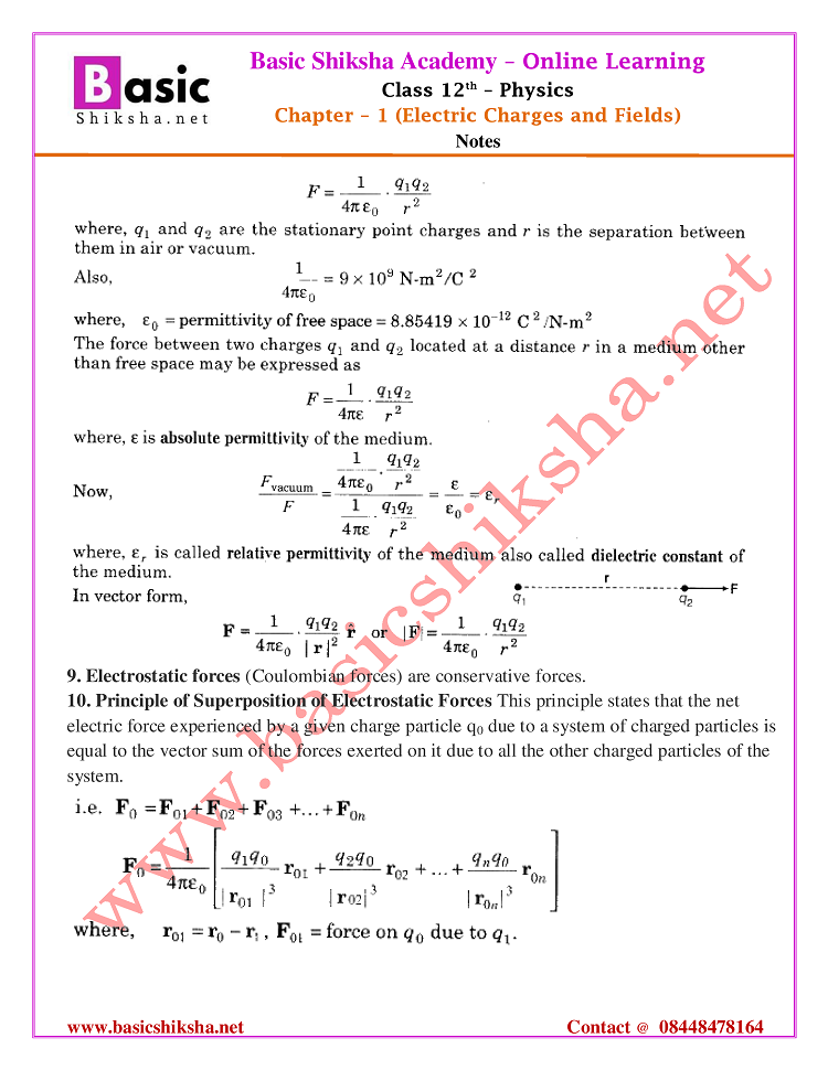 CBSE Class 12 Physics Chapter 1 NCERT Notes